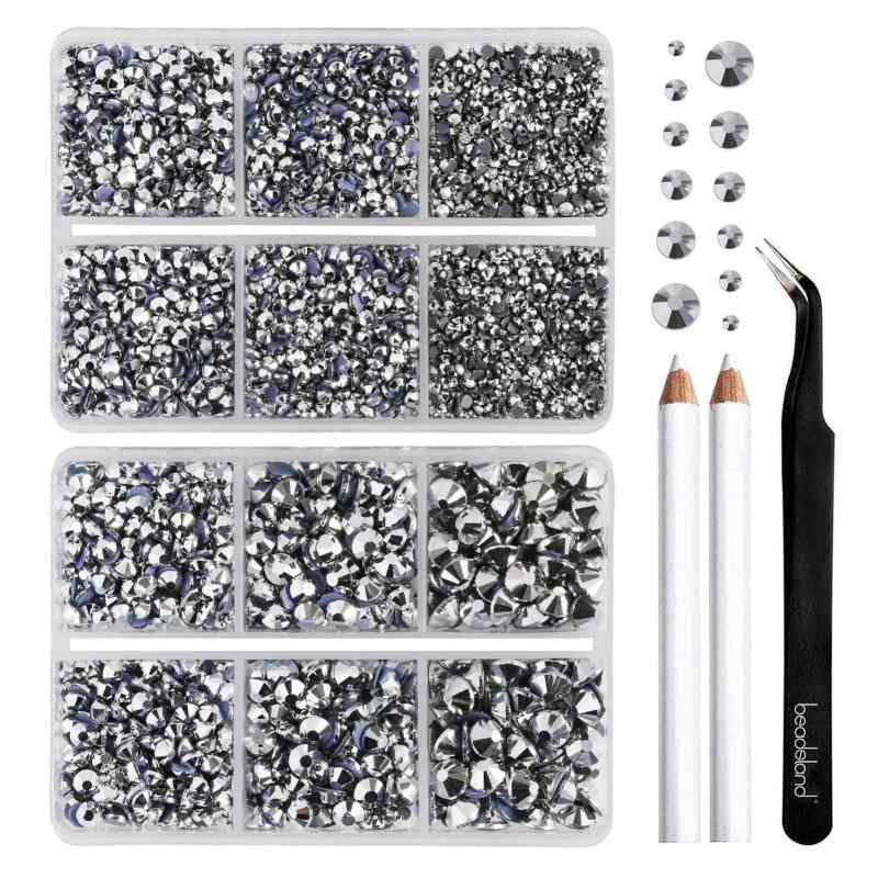 Beadsland（ビーズランド）ホットフィックス ラインストーン 、6,080個シルバー のラインストーン 服飾工芸用 6サイズ混合 ワックスペンシルとピンセットキット付き、SS6-SS30、シルバーヘマタパッケージ：2箱パック、6サイズ...