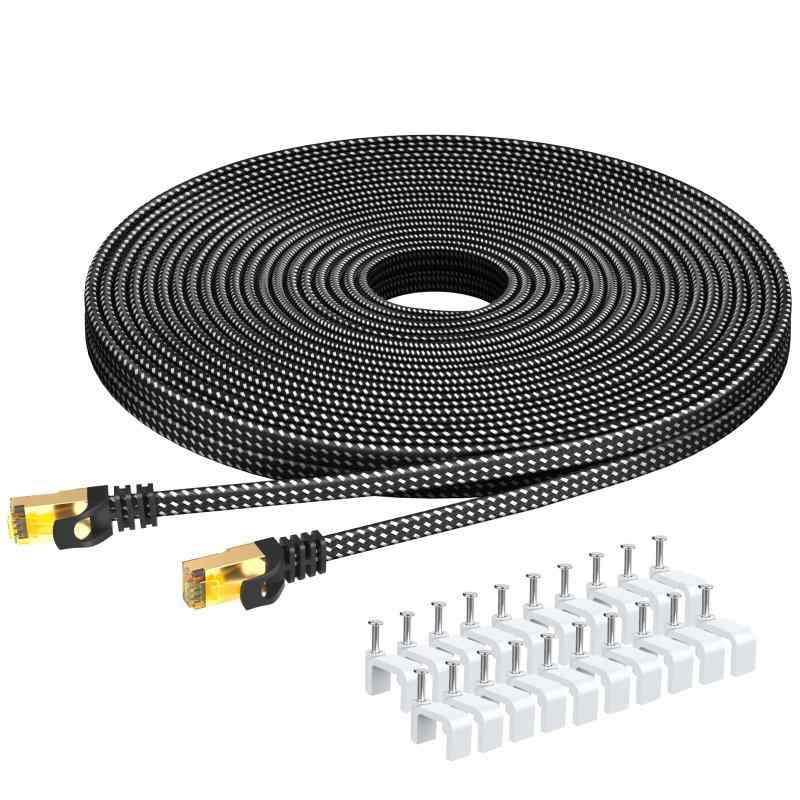 BUSOHE LANケーブル15M Cat8フラット編みケーブル高速 RJ45コネクタ薄型イーサネットケーブルめっき種別8シールド折れ防止モデムルータなどに適している。留め具30個付き通信速度アップ: 有線lanケーブル カテゴリ8に準拠し...