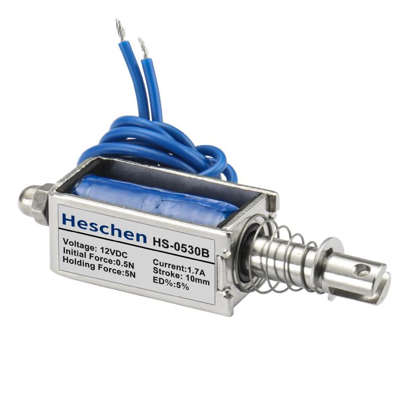 Heschen DCソレノイド 電磁石, HS-0530B DC12V 1.7mA, 10mmストローク,初期力0.5N、最大保持力5N, プッシュプル型 オープンフレーム定格電圧: DC12V; 定格電流: 1.7A; ストローク: 10...