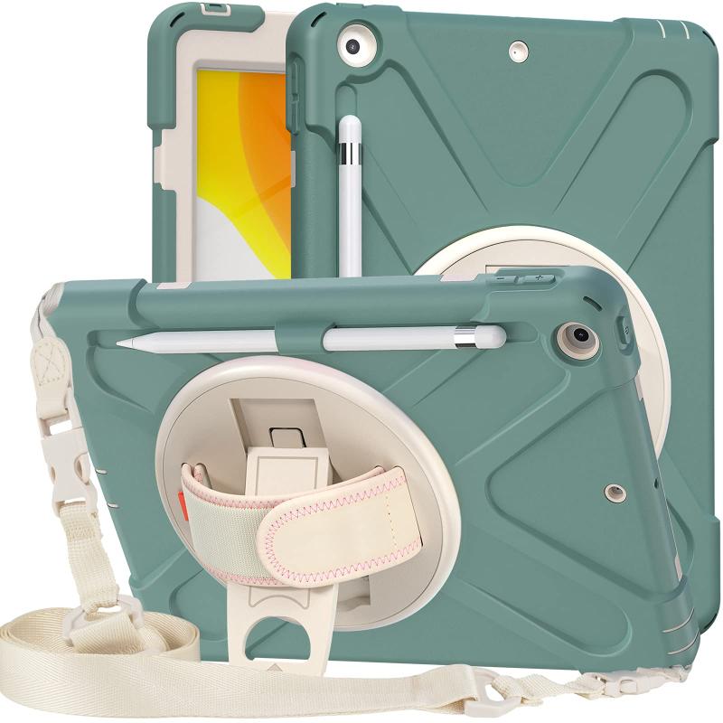 Moogukadan iPad 10.2 インチ第7/8/9世代用のケース 斜め掛け カラフル 360°回転 スタンド ショルダーストラップ ハンドベルト ペンホルダー付き 頑丈 お洒落 格好いい 耐衝撃 シリコン カバー キッ対応機種：i...