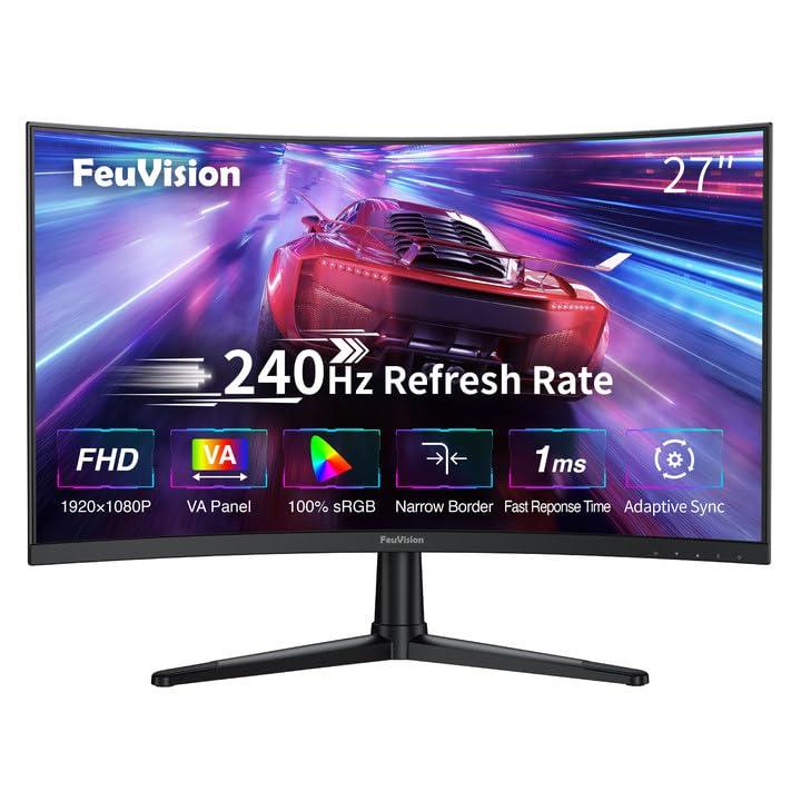 FeuVision 湾曲モニター 27インチ 240Hz ゲーミングモニター 湾曲 曲面モニター フルHD 1920*1080p VAパネル 応答速度1ms Adaptive Sync 3辺超狭額&amp;超薄型 100%sRGB 非光沢 ...