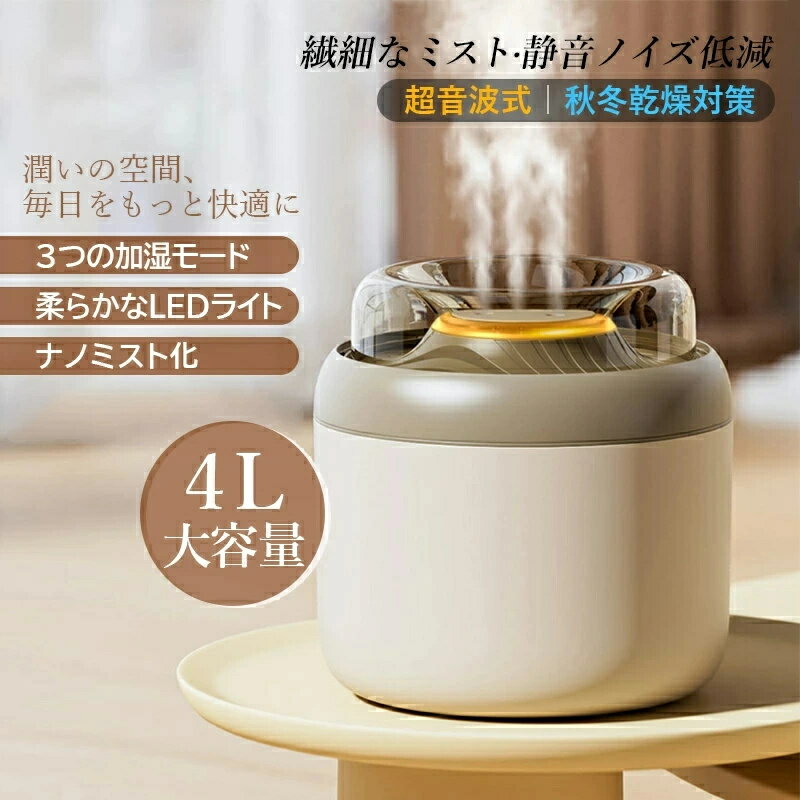 【商品詳細】 カラー：ホワイト タイプ：USB給電式、充電式 サイズ：20*20*21cm 給電方法：USB給電式/充電式 重量：約885g、972g タンク容量：4L パワー：3W 材質：ABS+PP 商品付属品：加湿器本体X1、usbケ...