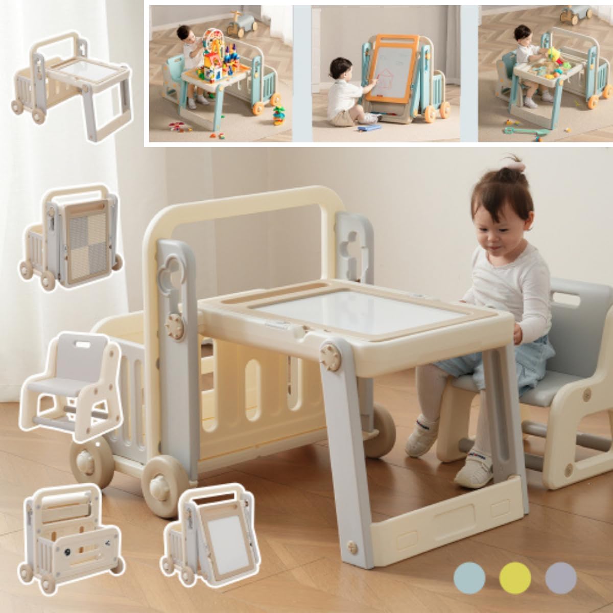 キッズデスク キッズチェア デスクセット テーブル 折りたたみ式 学習机 多機能 チェア+デスク 多機能チェア 1歳から10歳 3段階調節 ブロックデスク ホワイトボード やさしいHDPE 組立簡単 赤ちゃん 子供 ギフトお子さまの姿勢をサ...