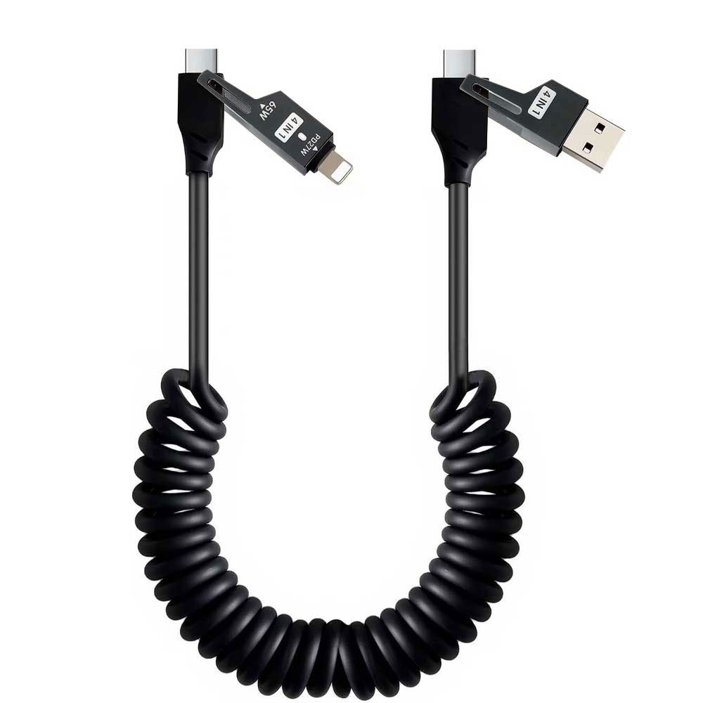 65W 4-in-1 格納式高速充電ケーブル 1.5M スプリングコイル USB-C to L/USB-C/USB-A マルチデバイスコード Macbook/iPhone/iPad/Galaxy/Google Pixel/Switch 対応...