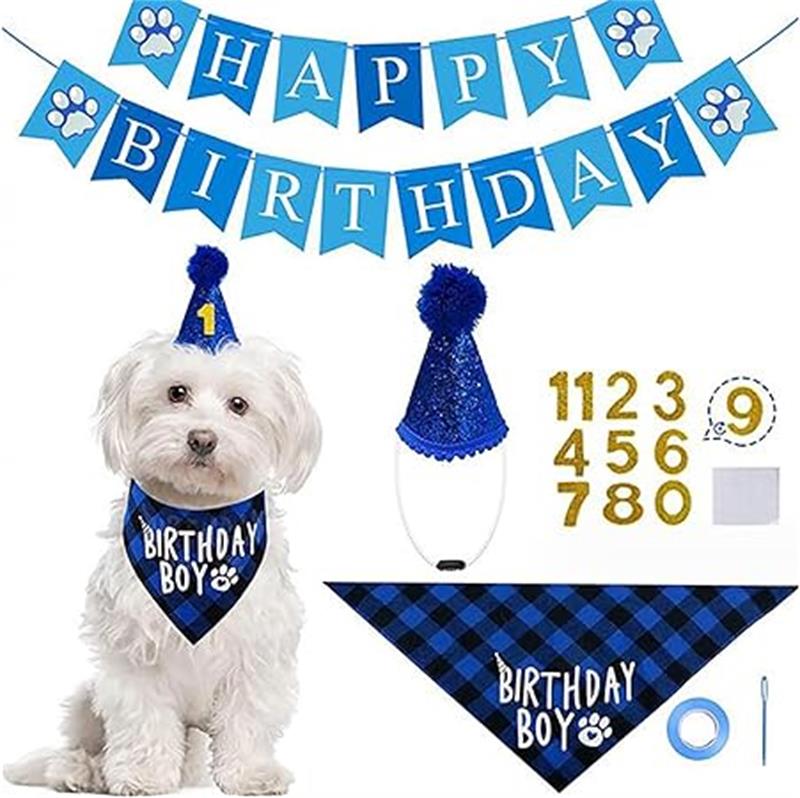 【内容物】帽子+猫 犬用バンダナ+バースデー飾り+0～9の数字。大切なペットの誕生日に可愛く飾り付けできるペット用誕生日セットです。 【上質な素材】ペットタオルは柔らかいポリエステル綿素材で作られています。キャップは形が崩れにくい生地で製造...