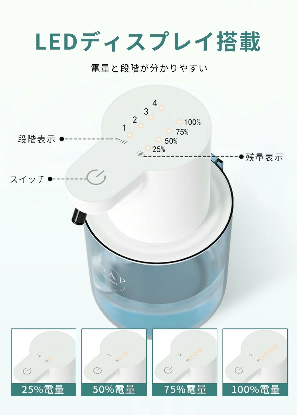 オートディスペンサー 商品仕様 品名 オートディスペンサー 材質 ABS 防水仕様 IPX5 容量 400ML 電池容量 500mAh 充電時間 3時間 使用環境温度 5～35℃ 吐出量 0.3秒/0.8秒/1.5秒/2秒 保証期間 半年間...