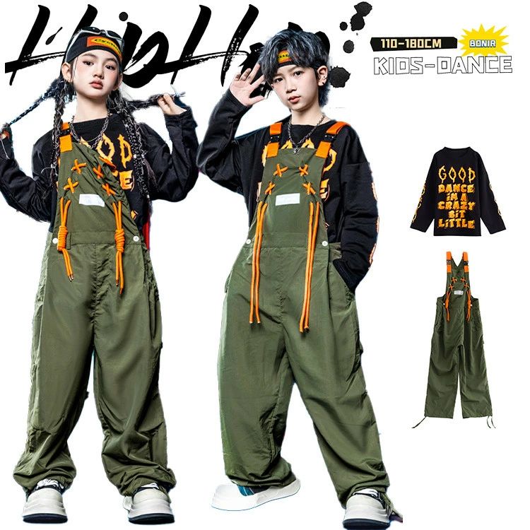 k-pop jazz オールインワン サロペット カーキグリーン ダンス衣装 キッズ 子供服 男の子 女の子 ロングT 長袖 ブラック 英字柄 キッズ ダンスウェア ダンス衣装 セットアップ 個性 団体服 カッメーカー希望小売価格はメーカー...
