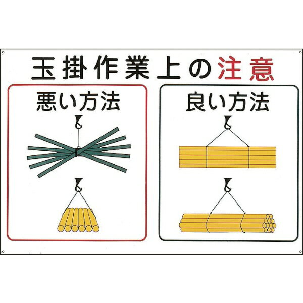 ■玉掛作業上の注意点が図解された樹脂製の標識です。 ■当該情報の明示に。 ■表示内容: 玉掛作業上の注意 ■取付仕様: ビス止めまたはテープ止め(ビス、テープ別売) ■縦(mm): 600 ■横(mm): 900 ■厚さ(mm): 1 ■表...