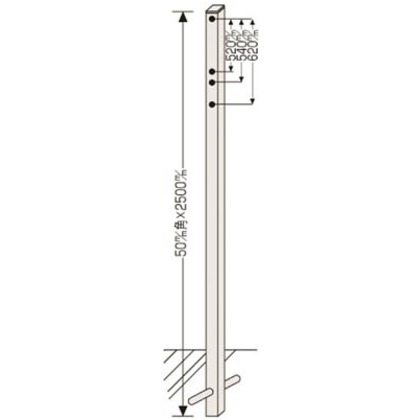 ■サイズ 50mm角×3000mmネカセの長さ 300mm ■材 質／スチール ■仕 様／10mmφ穴×4標識取付用金具・埋込み用ネカセ付 ※角ポール埋込み部分は約500〜600mmが目安です。 ※付属金具 標識取付用金具（金具）50×2個