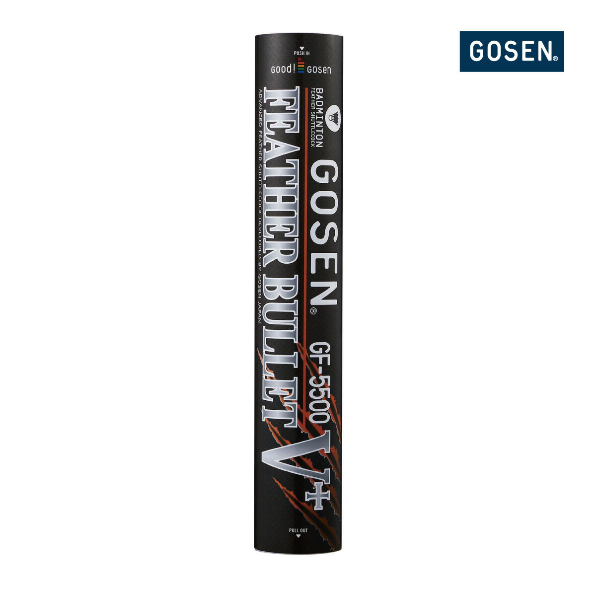 【商品名】FEATHER BULLET V+(フェザーバレットV＋) 【品番】GF-5500 【素材】ガチョウ羽 【製造国】中国 【数量】1ダース(1本12球入り) 【備考】温度表示番号3・4試合球クラスの高性能練習球