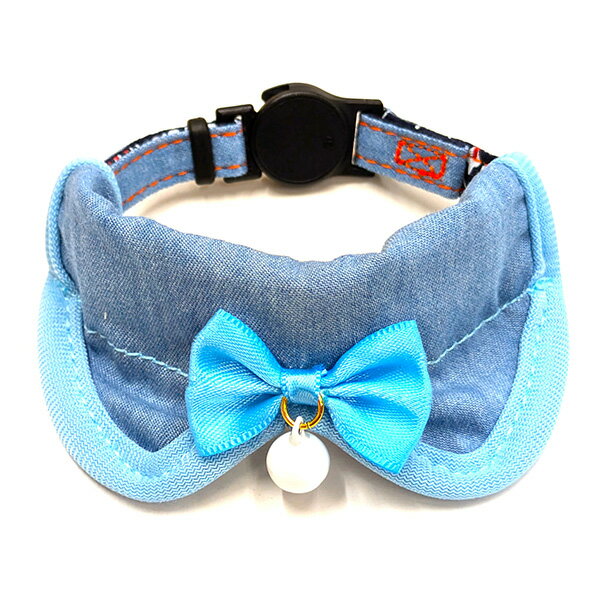 【同梱可】 表はデニム地、裏はペイズリー柄のコットン製生地を使用した、大きな襟についた猫用首輪です。 負荷がかかると外れるセーフティバックルタイプ。 万が一枝などに首輪が引っかかっても、バックルが外れるので安心です。 ●材質 綿 ●サイズ(...