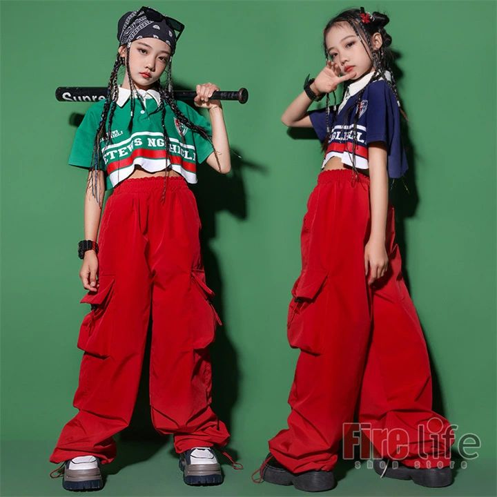 ダンス衣装 キッズ チアガール ガールズ 男の子 レッド ワイドパンツ カーゴパンツ へそ出し 短トップス ヒップホップ jazz hiphop ストリートウェア イベント 団体服 おしゃれ 韓国ダンス 練習着 送料無料 男の子セットも追加...