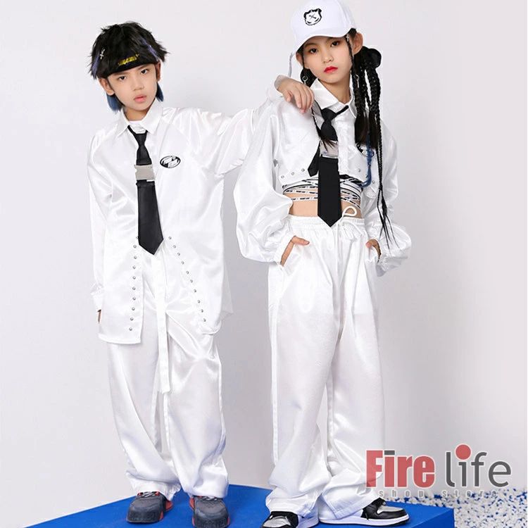 ダンス衣装 キッズ ヒップホップ 派手 子供服 HIPHOP セットアップ 派手 ショート丈 ロング丈トップス　ホワイト 演出服 K-POP 韓国 練習着 応援団 体操服 イベント　おしゃれ　ステージ衣装　男の子 女の子　送料無料 キッズダ...