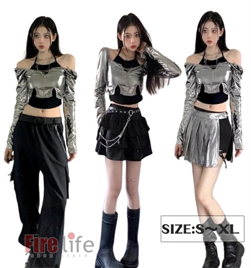 大人ダンス衣装 レディース 長袖 へそ出し 銀色 ブラック 3タイプ カーゴパンツ プリーツスカート 単品 セットアップ ヒップホップ ジャズダンス k-pop衣装 Hiphop 個性 イベント ダンスチーム 団体服 応援団 発表会 S M...