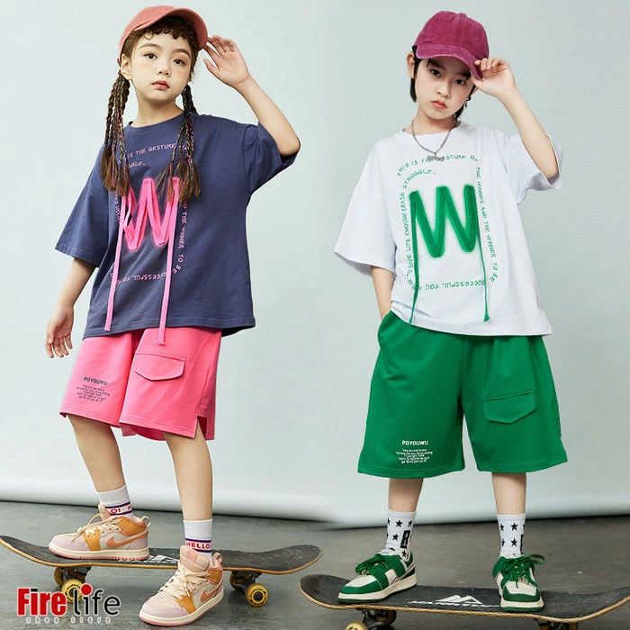 キッズダンス衣装 半袖シャツ ハーフパンツ ヒップホップ Tシャツ ピンク グリーン 男の子 女の子 ダンスウェア choreo urban K-POP hiphop 110cm〜180cm 送料無料 ハーフパンツ ヒップホップ Tシャツ ...