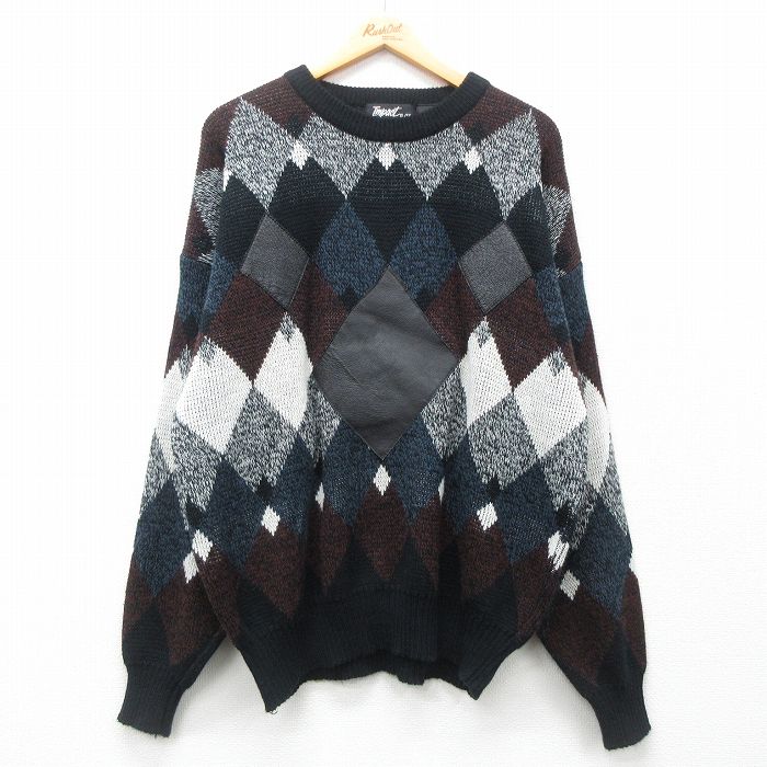 XL★古着 長袖 セーター メンズ 00年代 00s レザー使用 アクリル クルーネック 黒他 &yen;&nbsp;3,900（税込） XL★古着 長袖 セーター メンズ 00年代 00s アクリル クルーネック 黒他 &yen;&nbs...