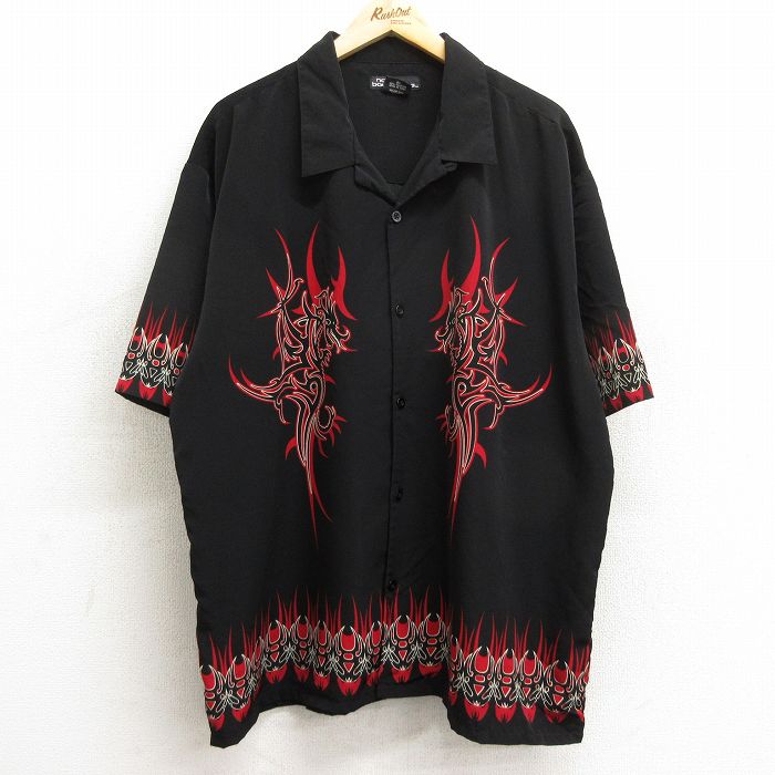 XL★古着 no boundaries 半袖 シャツ メンズ 00年代 00s ファイヤーパターン 大きいサイズ 開襟 オープンカラー 黒他 &yen;&nbsp;3,900（税込） XL★古着 no boundaries 半袖 シャツ メ...
