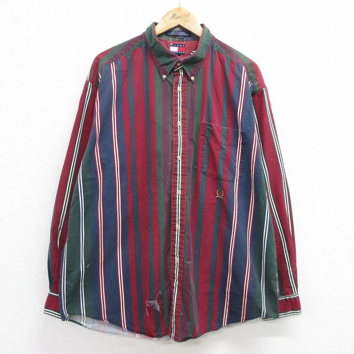 XL★古着 トミーヒルフィガー 長袖 ブランド シャツ メンズ 90年代 90s ワンポイントロゴ 大きいサイズ ロング丈 コットン ボタンダウン 赤 &yen;&nbsp;3,900（税込） XL★古着 トミーヒルフィガー 長袖 ブランド...