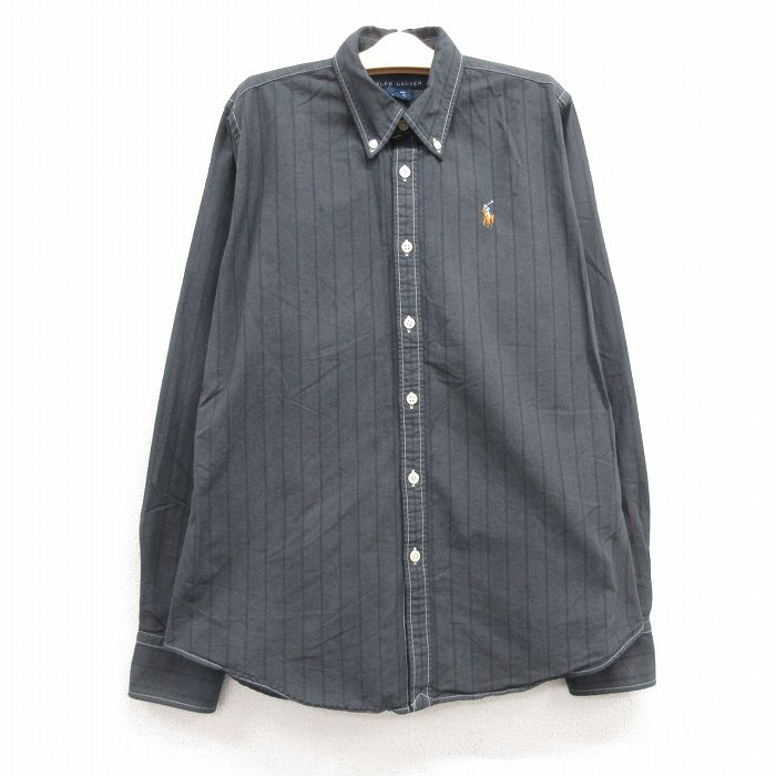古着 ラルフローレン 長袖 ブランド シャツ キッズ ボーイズ 子供服 90年代 90s ワンポイントロゴ オックスフォード コットン ボタンダウン 濃グレー ストライプ &yen;&nbsp;2,900（税込） 古着 ラルフローレン 長袖...