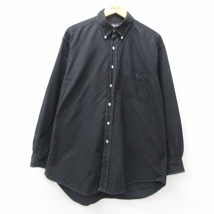 XL★古着 ラルフローレン 長袖 ブランド シャツ メンズ 90年代 90s ワンポイントロゴ BIG SHIRT 大きいサイズ ロング丈 コットン ボタンダウン 黒 &yen;&nbsp;8,900（税込） XL★古着 ラルフローレン 長...