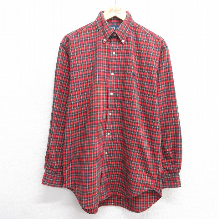 L★古着 ラルフローレン 長袖 ブランド シャツ メンズ 90年代 90s YARMOUTH ワンポイントロゴ ロング丈 コットン ボタンダウン 赤他 チェック &yen;&nbsp;5,900（税込） L★古着 ラルフローレン 長袖 ブラ...