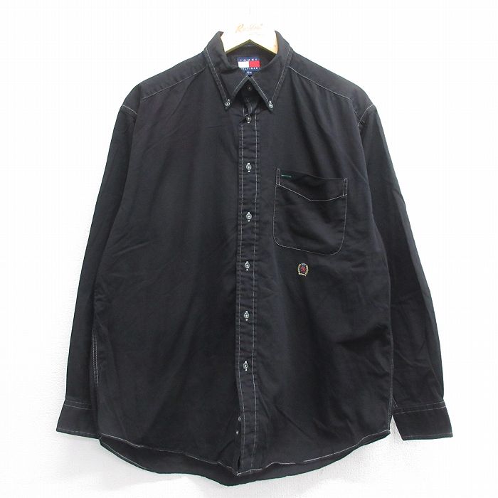 XL★古着 トミーヒルフィガー 長袖 ブランド シャツ メンズ 90年代 90s ワンポイントロゴ オックスフォード 大きいサイズ ロング丈 コットン ボタンダウン 黒 &yen;&nbsp;4,900（税込） XL★古着 トミーヒルフィガ...