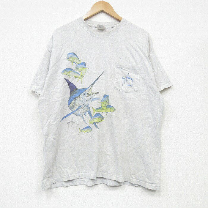 XL★古着 半袖 ビンテージ Tシャツ メンズ 90年代 90s 魚 Citation 胸ポケット付き 大きいサイズ コットン クルーネック USA製 薄グレー 霜降り &yen;&nbsp;3,900（税込） XL★古着 半袖 ビンテージ...