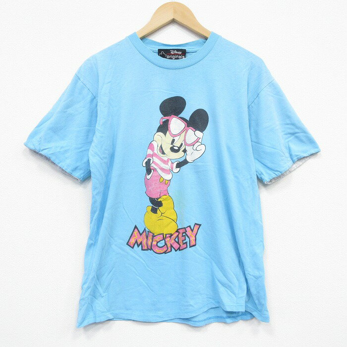 L★古着 半袖 ビンテージ Tシャツ メンズ 90年代 90s ディズニー ミッキー 胸ポケット付き コットン クルーネック USA製 水色 &yen;&nbsp;5,900（税込） L★古着 フルーツオブザルーム 半袖 ビンテージ Tシャ...