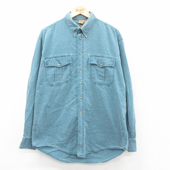 XL★古着 長袖 シャツ メンズ 90年代 90s ロング丈 コットン ボタンダウン 緑系 &yen;&nbsp;1,900（税込） XL★古着 長袖 シャツ メンズ 大きいサイズ ロング丈 コットン ボタンダウン 緑系 &yen;&nbs...