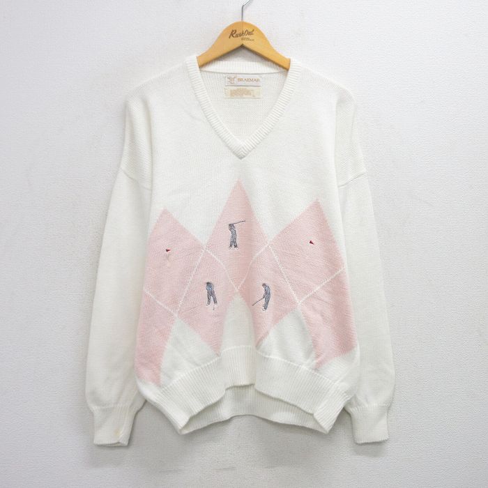 XL★古着 長袖 セーター メンズ 90年代 90s MVB コットン Vネック USA製 白 &yen;&nbsp;2,400（税込） XL★古着 長袖 セーター メンズ 90年代 90s 無地 大きいサイズ コットン Vネック USA製...