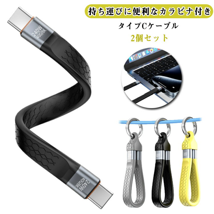 持ち運びに便利なカラビナ付きタイプCケーブル 【2個セット】【40Gbps高速データ転送】最大40Gbpsでの高速データ転送が可能です。TV番組や映画、音楽などデータ容量が大きなファイルも瞬時に転送することが可能です。モバイルハードドライブ...