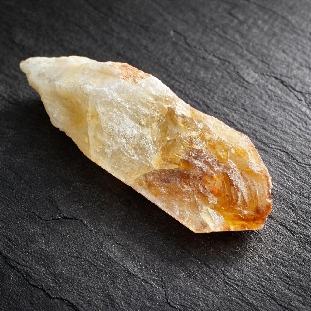 削っていない。 整えていない。 そのままの結晶。 透かすと、内部に灯るような蜜色。 透明と琥珀色が重なり合う奥行き。 これは加工ガラスではありません。 地中で長い時間をかけて育った天然の石英。 荒さも、濃淡も、割れ目も、 すべてが自然の痕跡...
