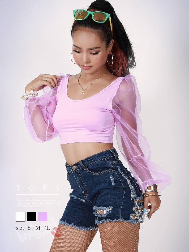 【メール便対応】半袖カットソー トップス ランタンスリーブ パフスリーブ メッシュ 袖付き 派手 無地 ヒップホップ イベント ダンス衣装 Bbomb あす楽◆Information◆☆ボリューミーなシースルーパフスリーブとピタッとしたシル...