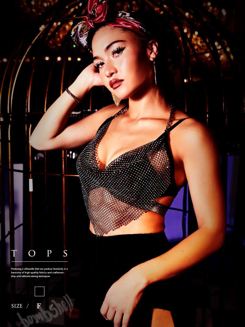 【メール便対応】キャミソール・タンクトップ キラキラ ビジュー メッシュ キャミソール ダンス衣装 チェーン ダンサー クラブ インポート 舞台衣装 bombshell あす楽◆Information◆☆無数のビジューストーンがギラギラ輝い...