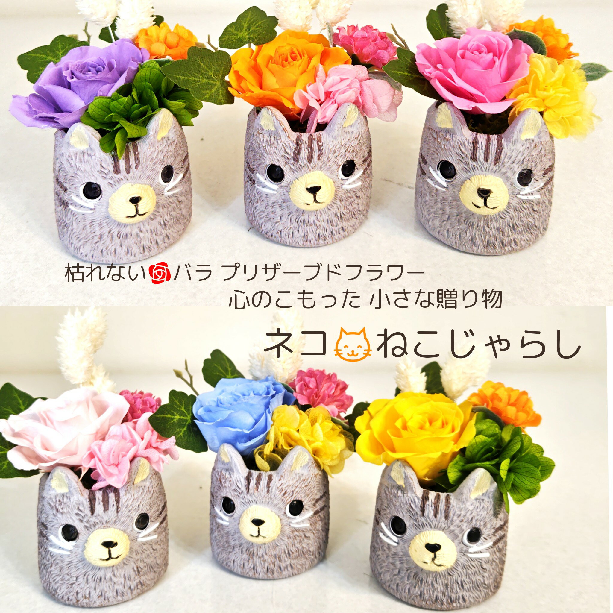 猫 ねこ ネコ 招き猫 グレー 灰ネコ プリザーブドフラワー 誕生日 プレゼント 枯れない 花 ギフト ミニサイズ アレンジメント 枯れない花 プレゼント 誕生日 結婚記念日 プレゼント 開店祝 周年祝 お店 お祝い お見舞 枯れない花 お...
