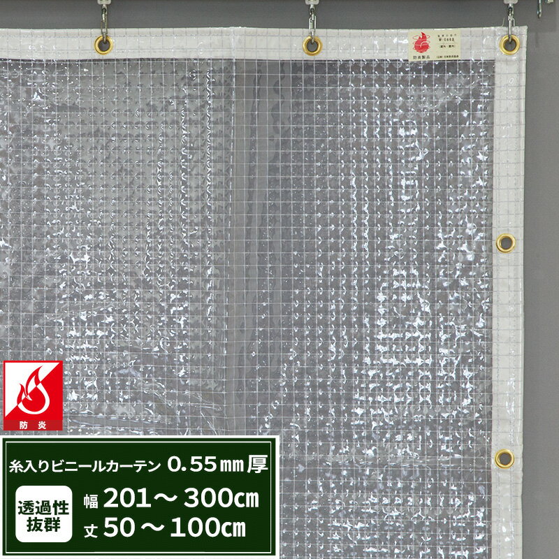 　 商品名 ■【FT07】 透過性抜群！無色透明　糸入りしなやかで丈夫なPVC防炎ビニールカーテン　工場や店舗出入り口・間仕切に最適（0.55mm厚） 厚み 0.55mm　（糸部0.66mm） カラー 無色透明（白糸入り） 材質 PVC（塩...