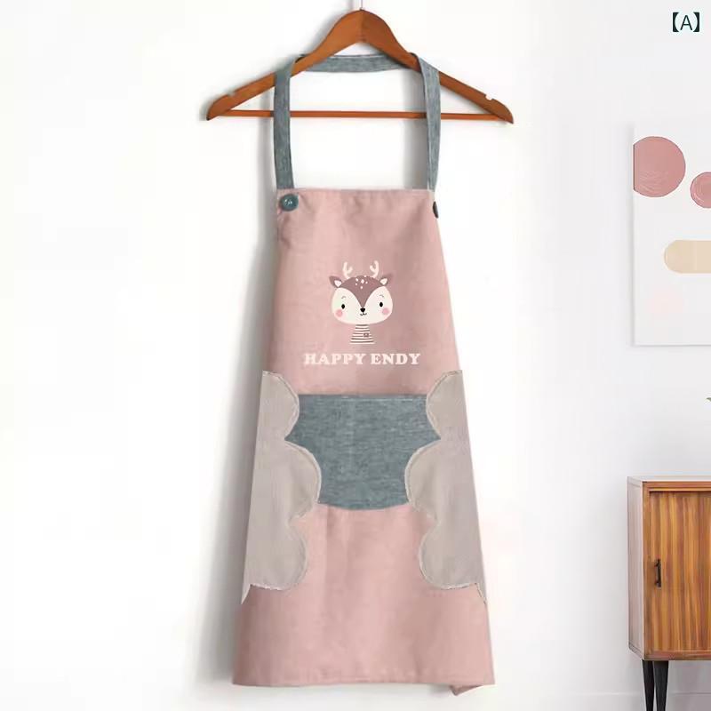 夏季用の薄手でかわいい.防水で油汚れも防ぐ家庭用エプロン。首を掛けて手拭きもできる便利なポケット付きで.料理をするときに腰に巻ける。素材：防水複合布用途：防汚サイズ：フリーサイズスタイル：カートゥーンエレメント：田園風カラー：小鹿1本入【ピ...