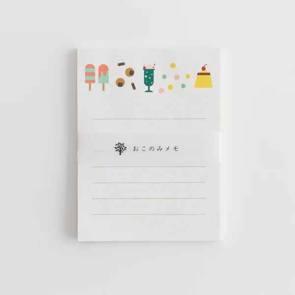 水縞　おこのみメモ おやつ01　MEO-O-01 「おこのみメモ」は、デザインのバリエーションが豊富なメモパッドのシリーズです。 お好みに合わせてお好きな柄を選んでください。 使用している紙は、包装資材に使われる「ハトロン紙」という紙で、片...