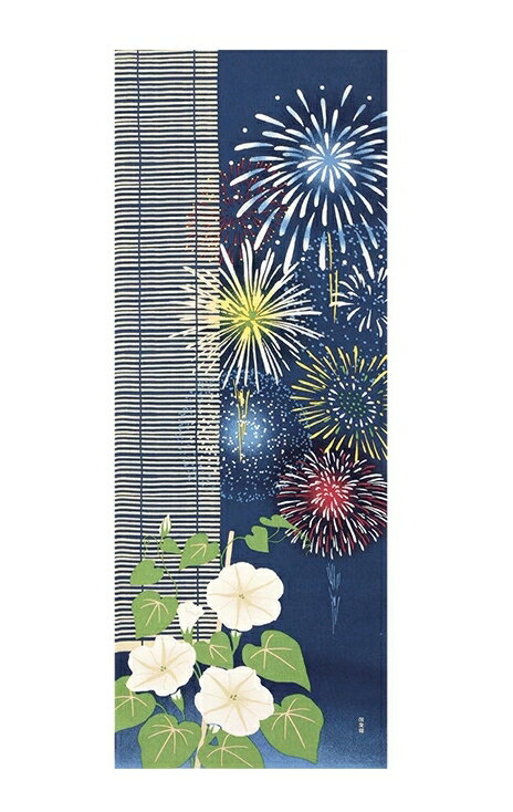 濱文様　絵てぬぐい 夜顔に夏花火 【絵てぬぐい】 厳選した木綿生地に色落ちしにくい伝統の捺染で型染め。 吸水性に優れ、そして何より色柄が多く遊び心にとんだてぬぐいです。 【濱文様】 横浜伝統の型染め手法である捺染（なっせん）で染め上げた色鮮...
