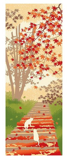 濱文様　絵てぬぐい お散歩ねこ 紅葉の道 【絵てぬぐい】 厳選した木綿生地に色落ちしにくい伝統の捺染で型染め。 吸水性に優れ、そして何より色柄が多く遊び心にとんだてぬぐいです。 一幅の絵としてお飾りいただける「絵てぬぐい」は、てぬぐいとして...