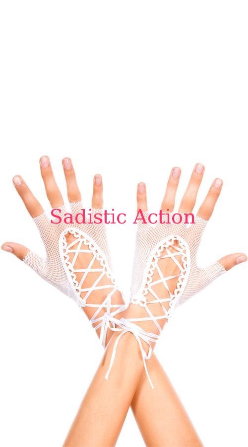 MUSIC LEGS Lace Up Fingerless Fishnet GlovesフィッシュネットレースアップフィンガーレスグローブWHITEBlack fingerless fishnet gloves with lace-up r...