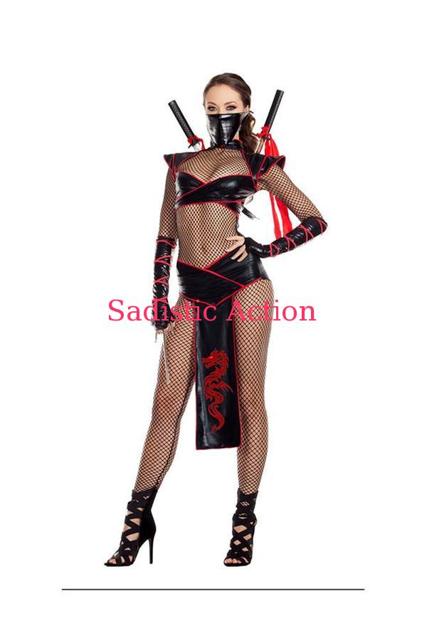 STARLINE Women's Alluring Assassin Costume忍者コスチュームBLACK/REDボディスーツ、マスク、グローブ、剣2本の5PC SET注）十手は、付属しません。USAインポートコスチューム、レディースハ...