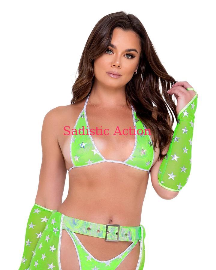 ROMA Mesh with Stars Print Bikini Tie-TopスタープリントシアーメッシュビキニタイトップNEON GREEN注）ビキニトップ単品販売です。＊ビキニトップ以外は、付属しません。&nbsp;(Bottom ...