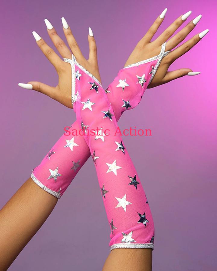 ROMA Mesh with Stars Print Elbow Length GlovesスタープリントシアーメッシュロンググローブHOT PINK注）グローブ単品販売です。＊グローブ以外は、付属しません。&nbsp;(TopsBotto...