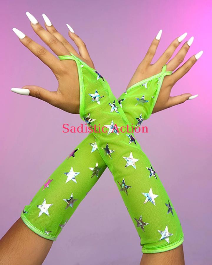 ROMA Mesh with Stars Print Elbow Length GlovesスタープリントシアーメッシュロンググローブNEON GREEN注）グローブ単品販売です。＊グローブ以外は、付属しません。&nbsp;(TopsBot...