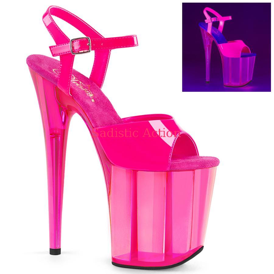 Pleaser Platform Ankle Strap Sandal Featuring the Entire Upper Tinted Bottom and Neon UV ReactiveUVネオンエナメルストラップクリアピンクプラッ...