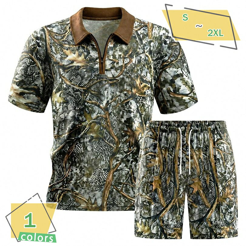 表地：ポリエステルメイン素材：ポリエステル【上下セット】総柄の迷彩グラフィックが半袖ハーフジップポロシャツと、動きやすいショートパンツのメンズ上下2点セットアップです。統一感のあるデザインで、コーディネートに迷うことなく、セットでも単体でも...