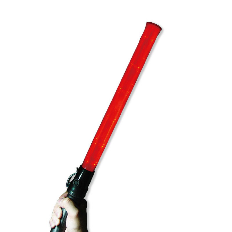 LED合図灯 高輝度LEDと高反射材により遠距離からの視認性が抜群。点灯・点滅の切替式で、ベルト等に掛けられるフック付き。 単2電池2本使用（電池別売） 電池寿命　約70時間 サイズ　&oslash;30×530mm