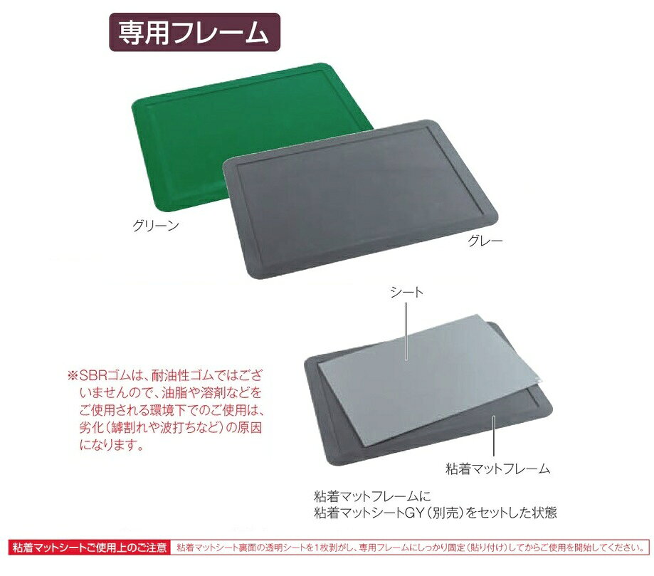 製品説明 製品詳細 〇粘着マットシートと専用フレームを組み合わせてお使いください。 ※ご使用の際は粘着マットシート裏面の透明シートを1枚剥がし、専用フレームにしっかり固定(貼り付け)してからご使用を開始してください。 ※SBRゴムは、耐油性...