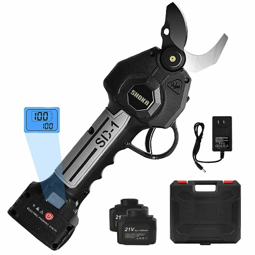 最高級モデル 充電式剪定ばさみ 切断径40mm コードレス 充電式剪定バサミは業界で唯一二つブレードを連動するタイプ バッテリー2個付き 切断回数と残量表示ディスプレー電動剪定ハサミ ブラシレスモーター搭載 延長ロッド80cm、130cm、...